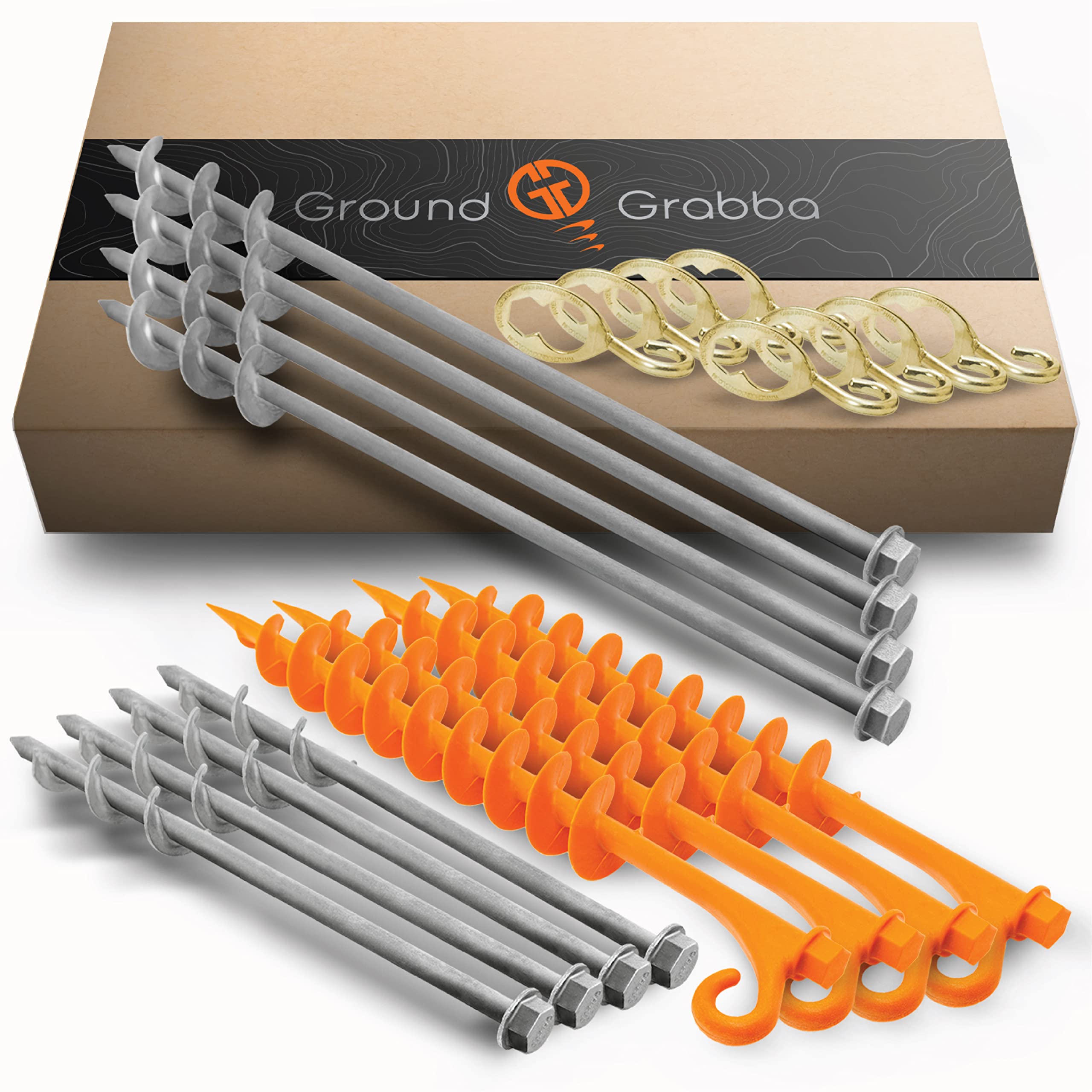 GROUNDGRABBA Screw in Tent Stake Sand Stake Midi Combo Pack | 4X GG Lite | 4X GG Pro | 4X GG Pro II | 8X HexHook Pro | Premium Drill Driven Ground Anchor Earth Screws