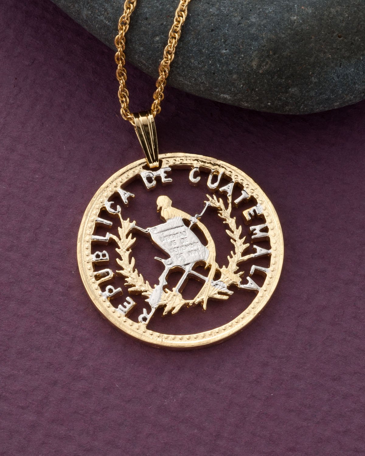 Guatemala Coin Pendant and Necklace, Guatemala Coin Hand Cut, 1 1/4" in Diameter, (# 864)