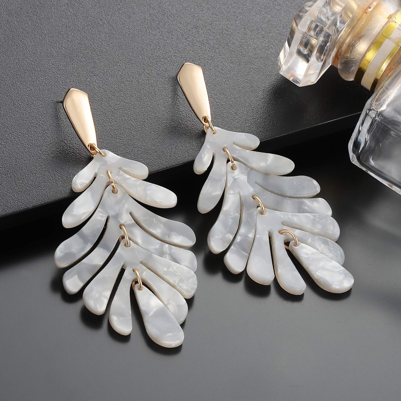 GLBCC Acrylic Leaf Dangle Earrings, White, Brass