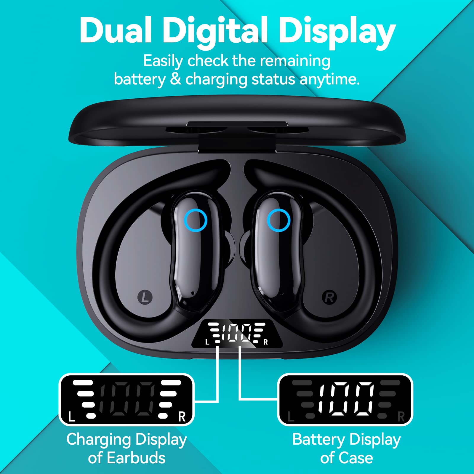 GNMN Bluetooth Headphones Wireless Earbuds Over-Ear Stereo Bass Earphones with Earhooks Battery Display for Sports/Workout