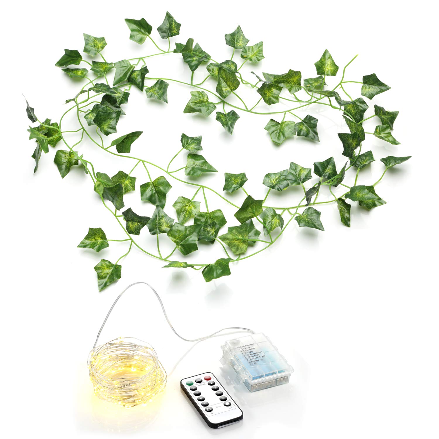GPARK 84Ft 12Pack / Each 82 inch Artificial Ivy Garland Fake Vines Leaf Plants with 100 LED (32ft) String Lights and Remote Control Hanging for Window Backdrop Bedroom Party Room Garden Wall