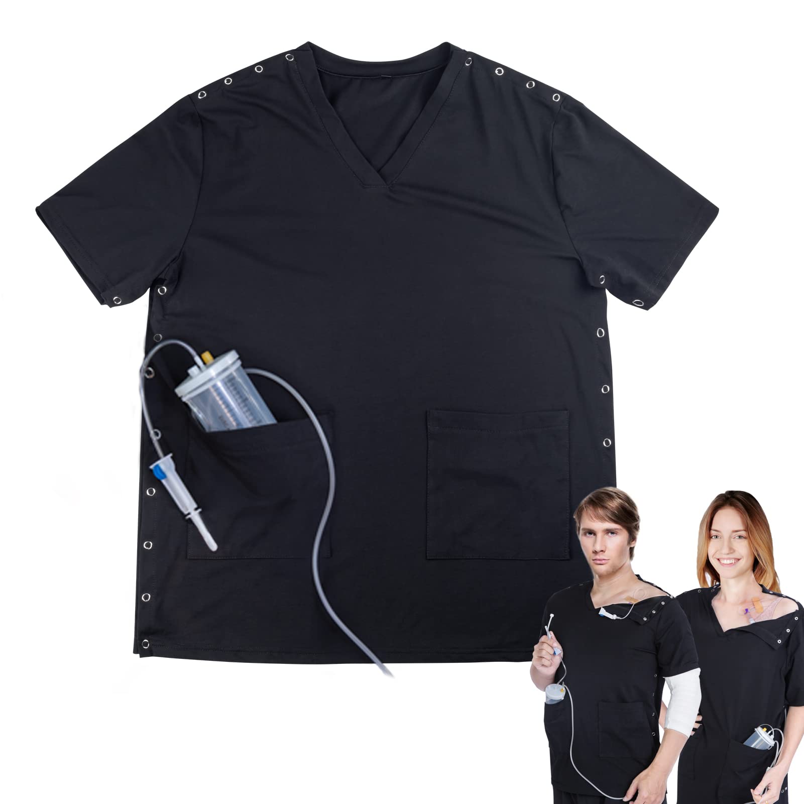 Jacobable 2 pockets Uni-Sex Post Shoulder Surgery Shirt & Rehab Shirt with Stick On Fasteners, convenient and quick (XX-Large, Black)
