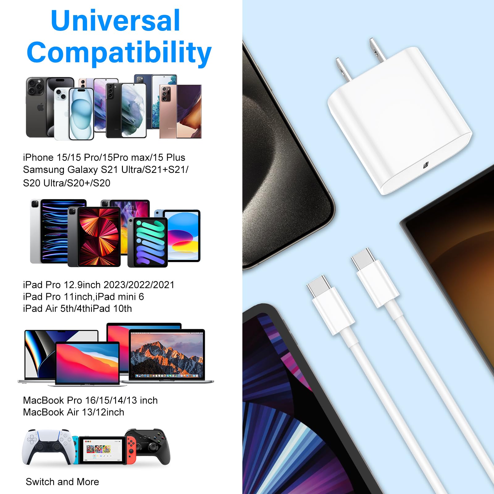 iPhone 15 Charger Fast Charging,20W USB C Fast Charger for iPhone 15/15 Plus/Pro Max, iPad Pro 12.9/11 inch, iPad Air 5th/4th, iPad 10th, 2Pack Type C Wall Charger Block with 6FT Long USB C to C Cable