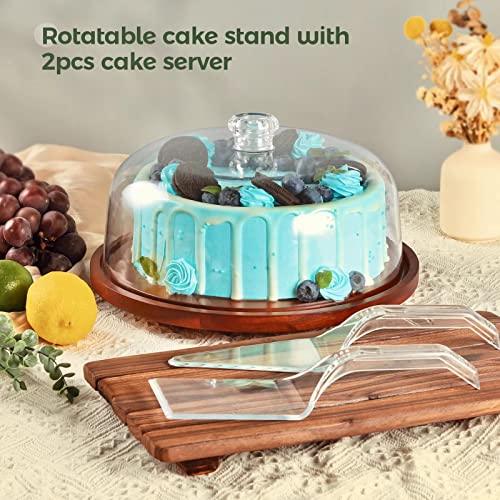 WEHOME Rotating Cake Stand with Dome,Acacia Wood with Acrylic Lid,Revolving Cake Diaplay Plate Holder with Clear Cake Cover for Cakes,Cupcakes,Pastries,Cookies,Desserts&etc.