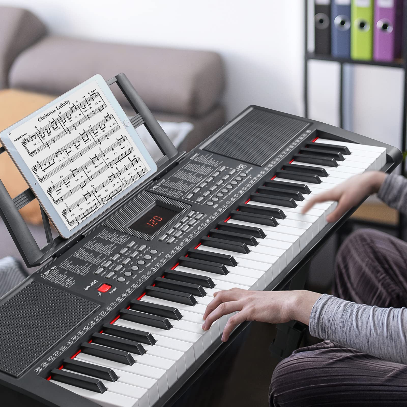 Keyboard Piano, 61 Key Electric Piano Keyboard for Beginners, LED Screen Music Keyboard with Microphone, Keynote Stickers, Stand Bench and Music Stand (Grey)
