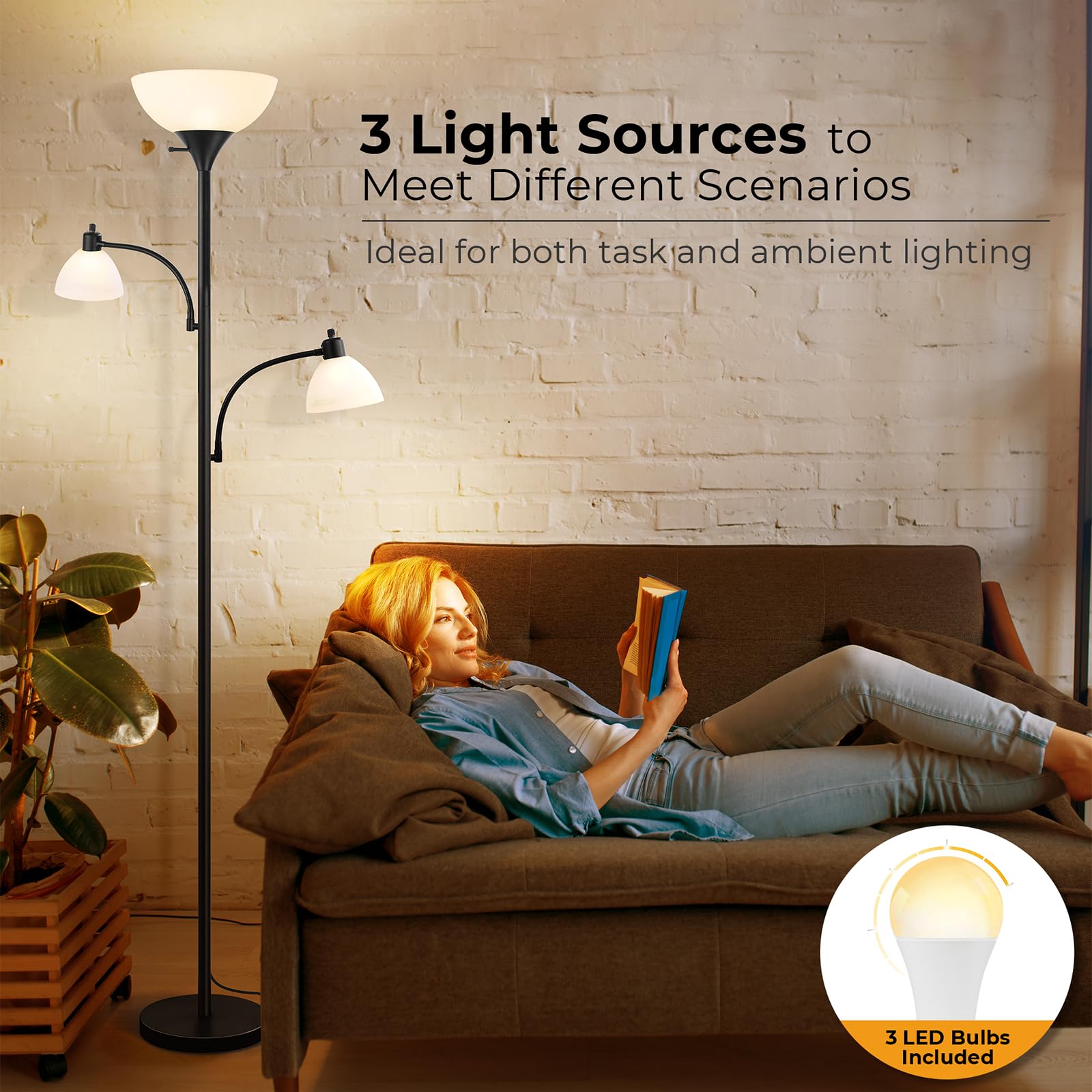 Isloys Led Floor Lamp, Torchiere Bright Black Floor Lamp with 2 Reading Lamps, Led Tall Standing Pole Lamps for Living Room Bedroom Office, 3 Way Switch, 3 Led Bulbs Included
