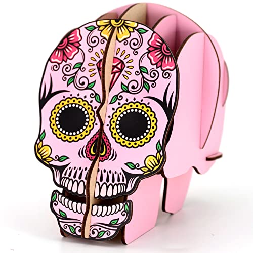 Sugar Skull Pen Pencil Holder, Large Wooden Pen Organizer for Desk with 8 Compartments, Unique Desk Organizer for Office Supplies Makeup Brush Skull Gifts for Women, Skull Desk Accessories (Pink)
