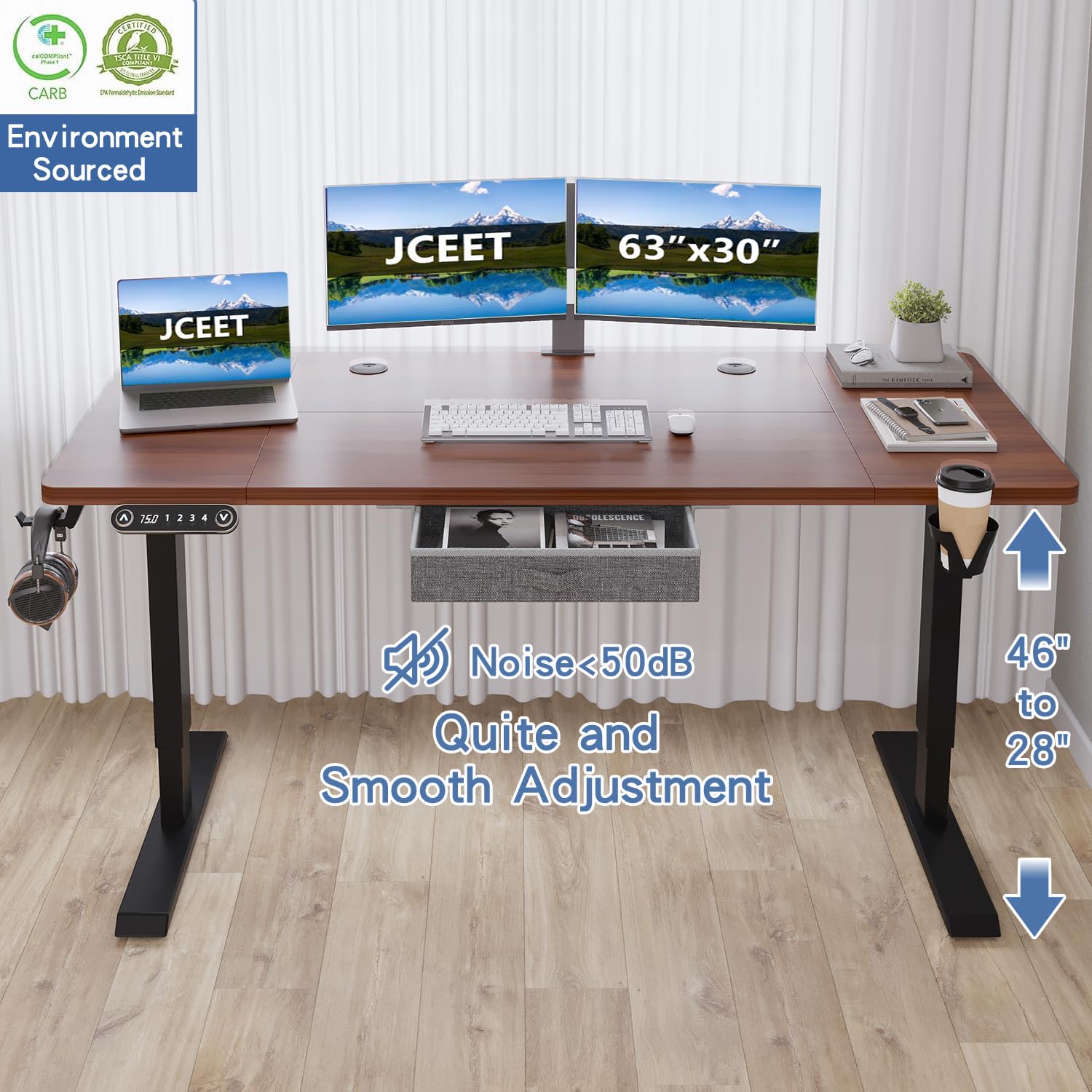 Jceet Electric Standing Desk with Drawer, 63x30 Inches Adjustable Height Sit Stand Up Desk with 4 Splice Boards, Home Office Desk Computer Workstation with Dark Walnut Top/Black Frame