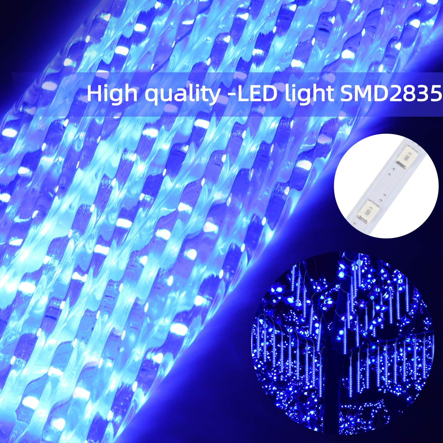 GPODER 50CM Shower Rain Lights, 576 LEDs Falling Rain Lights, 12 Waterproof Spiral Tubes Meteor Lights for Christmas Outdoor Garden House Window Xmas Tree Decoration(Blue)