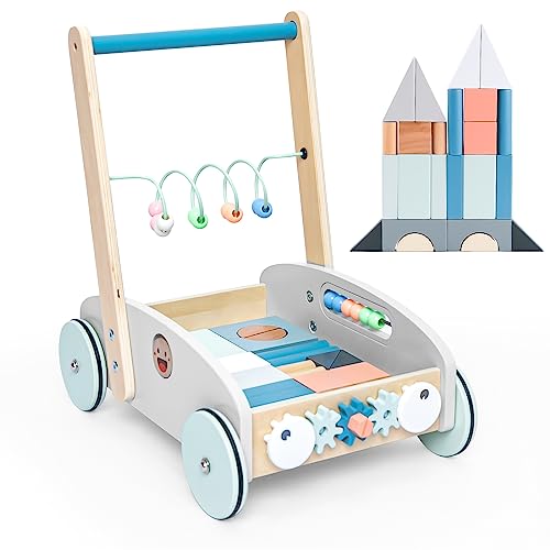 Wooden Baby Walker, Push Toys for Babies Learning to Walk,Shopping Cart for Kids Garden Wagon and Play Set with Abacus Blocks Push and Pull Learning Walking Educational Gift for Toddler Boy Gir 2 3