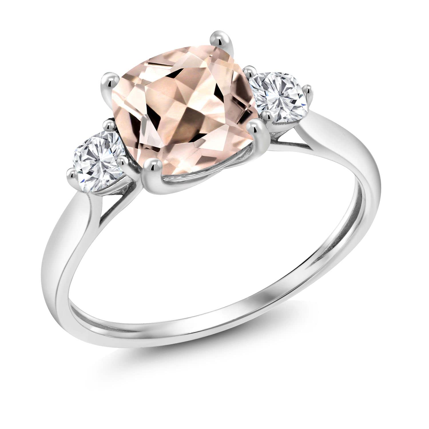 Gem Stone King 10K White Gold Peach Morganite and Forever Classic Moissanite 3 Stone Engagement Ring For Women (1.56 Cttw, Cushion 7MM, Gemstone October Birthstone) (Size 6)