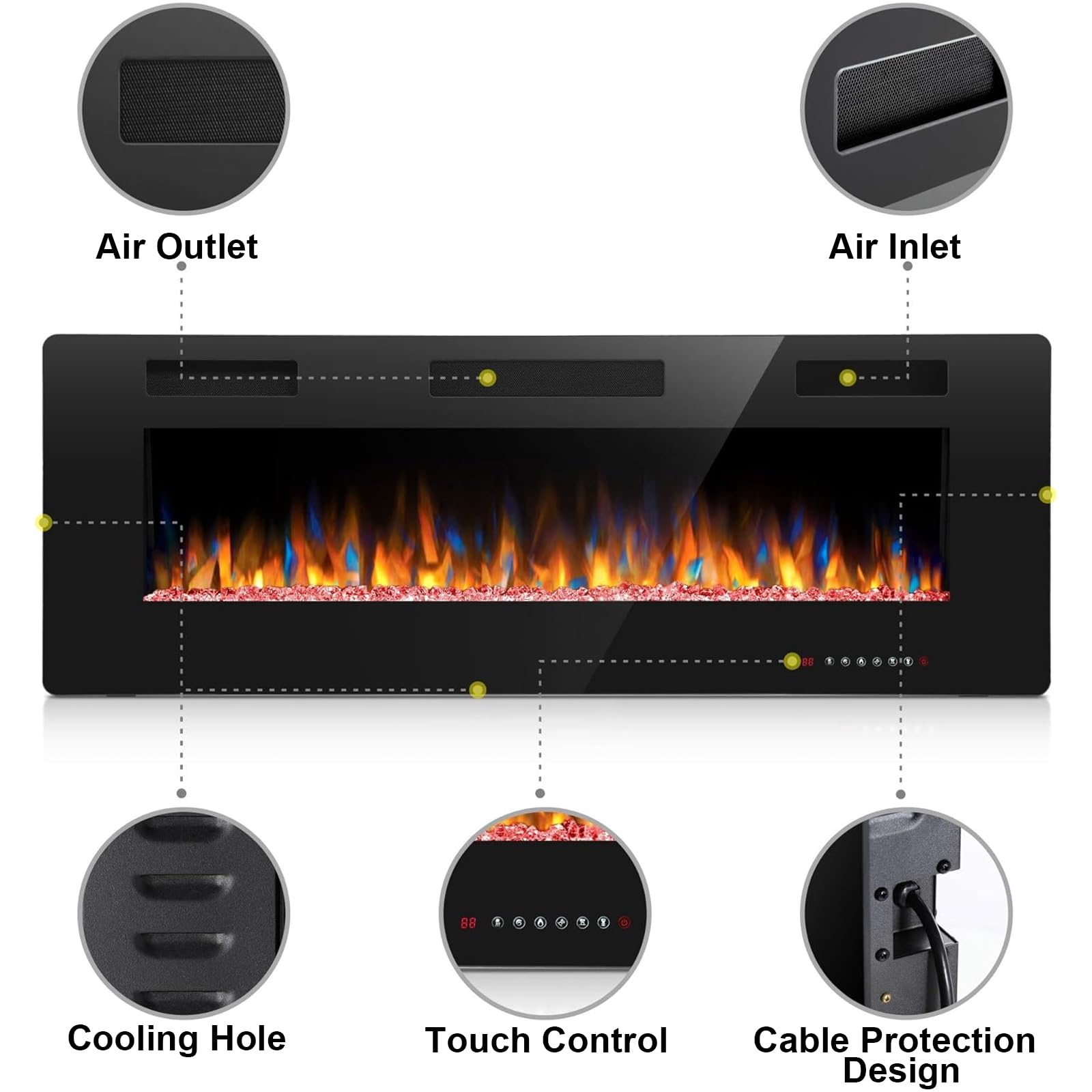 Joy Pebble 50 inch Electric Fireplace Inserts, in-Wall Recessed and Wall Mounted 750/1500W Fireplace Heater, Touch Screen, Remote Control with Timer, Adjustable Flame Color and Speed