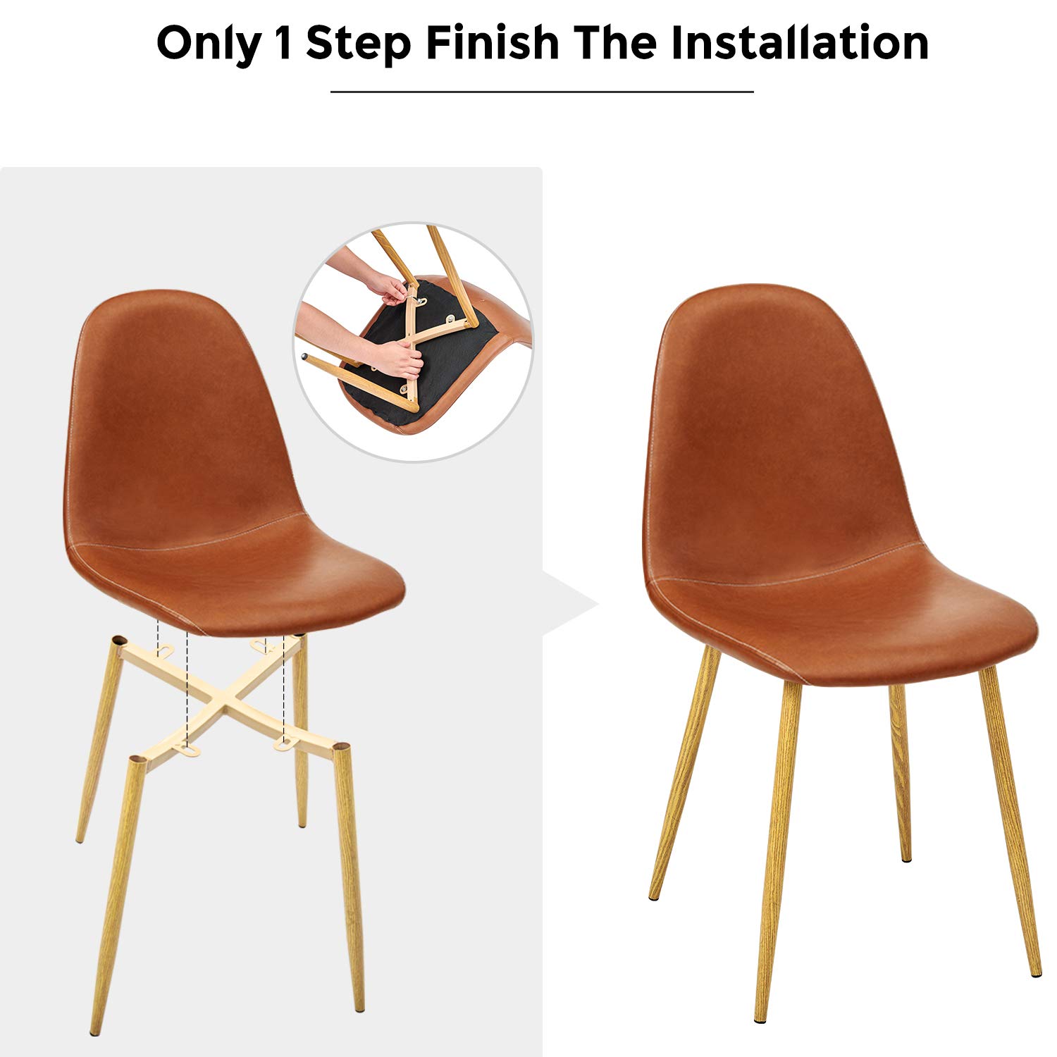GreenForest Dining Chairs Set of 2, Vintage PU Leather Upholstered Side Chairs, Mid Century Modern Kitchen Room Chairs,with Metal Legs,Camel Brown