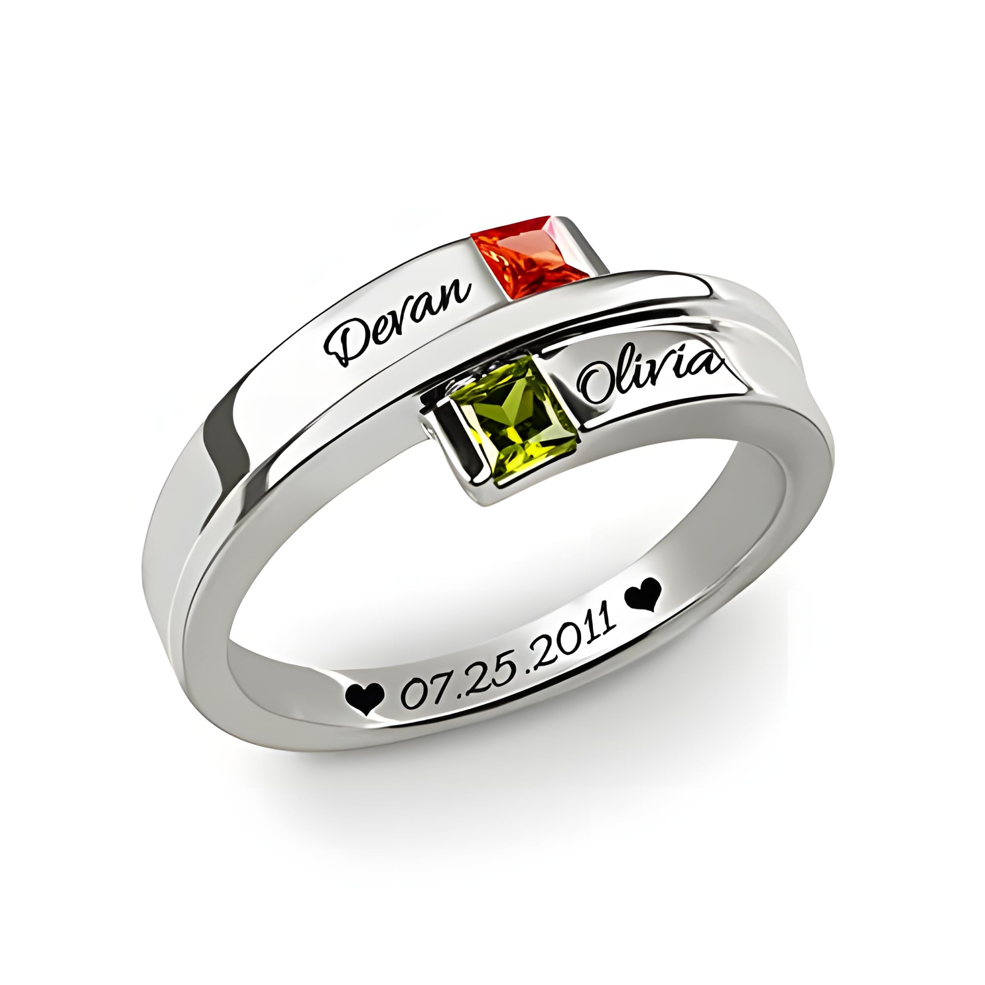 GSBSCSM Double Square Stone Ring 925 Sterling Silver Engraved Mother's Ring 2 Birthstone Custom Womens Engagement Rings Promise Name Rings for Her (Silver)