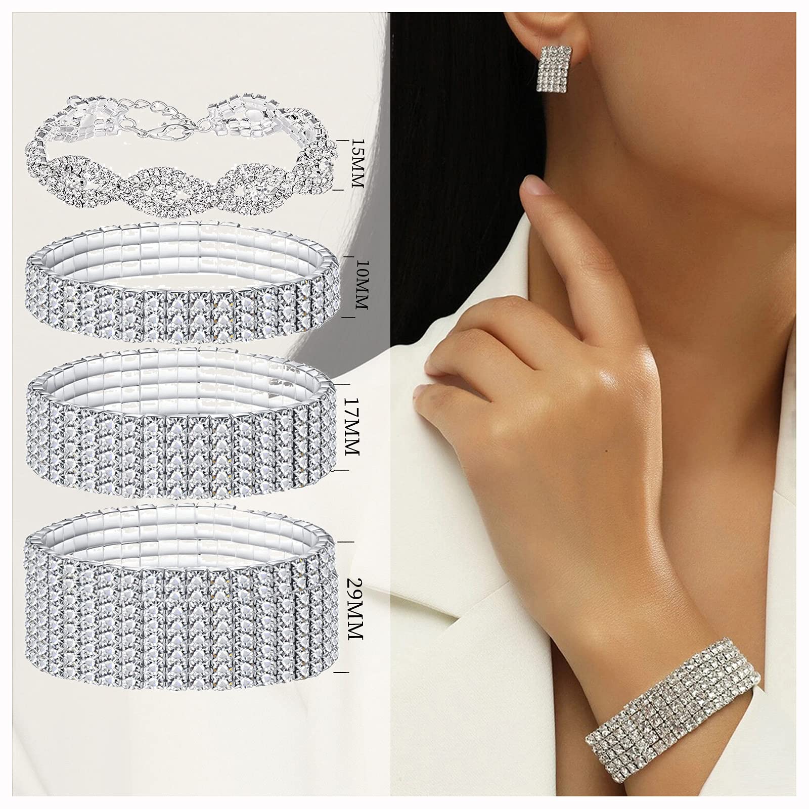 JEWPARK 4 PCS Crystal Tennis Bracelet Silver Rhinestone Stretch Bracelets for Women 4A