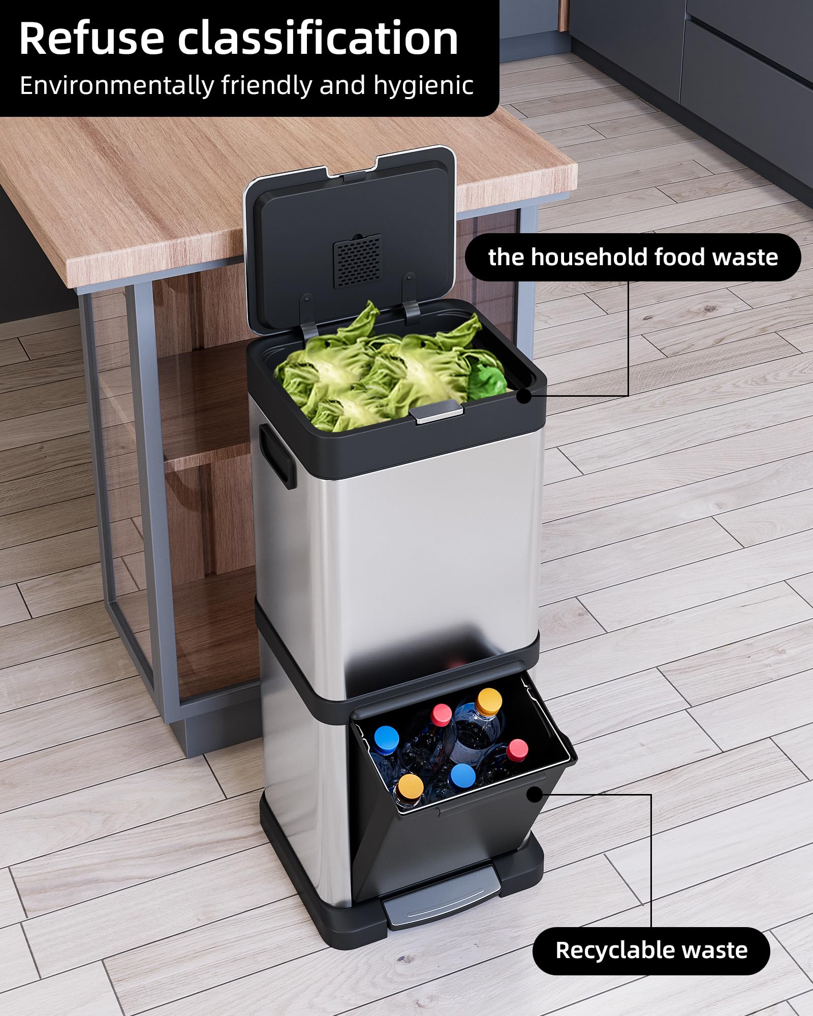 Vertical Trash Can - 2 Tiers 9 Gal Stainless Steel Tall Trash Can with Recycle Combo for Office Indoor