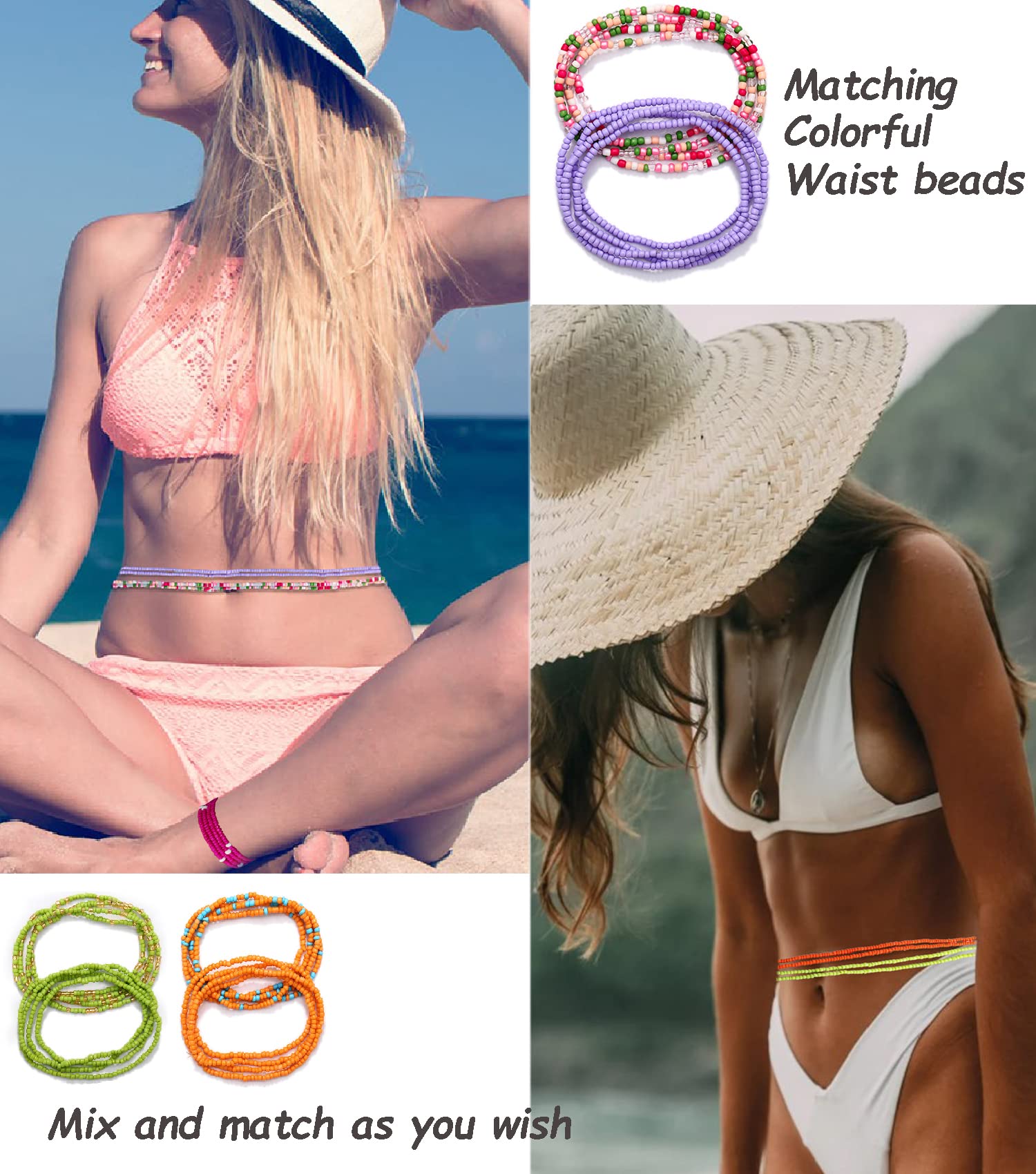 KOHOTA 32PCS Waist Bead for Women Summer Body Chain African Belly Beads Bikini Jewelry Colorful Stretchy Elastic String Chains (style-a)