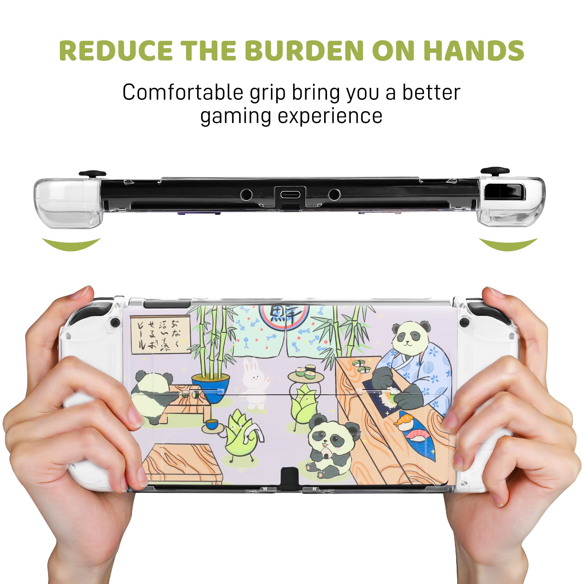 LASTYAL Cute Panda Protective Shell Compatible with Nintendo Switch OLED Console and Joycon Controller, Crystal Hard Case for Switch OLED with Comfort Joycon Cover - Panda & Bamboo