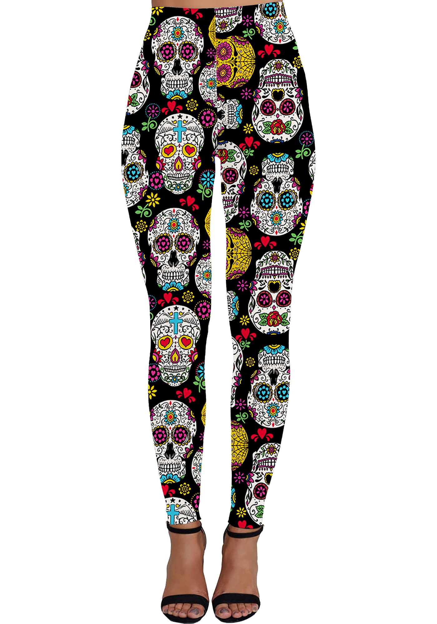 Halloween Womens Leggings Day of The Dead Sugar Skull Printed Stretchy High Waist Pants S