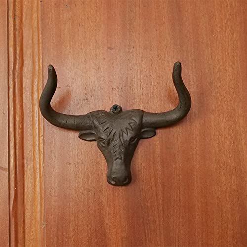 RCSTOONE Cow Head Double Hook Cast Iron Animal Theme Hanger Coat Hat Bathroom Hooks Heavy Duty Iron Art Antique Replica Home Decorative 1pc MT1