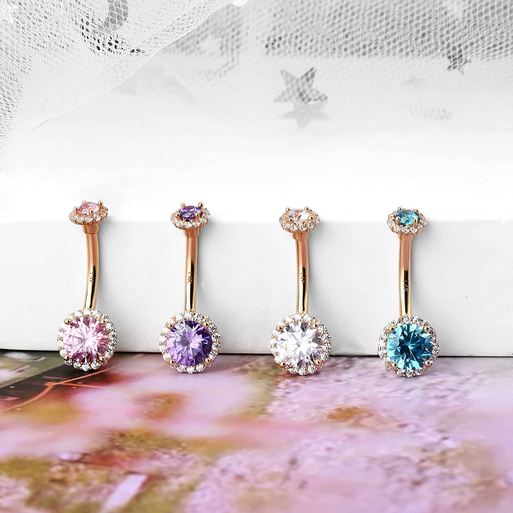 Jewseen 14K Gold Belly Button Ring Sparkling CZ Navel Rings Belly Bar Navel Piercing Body Jewelry