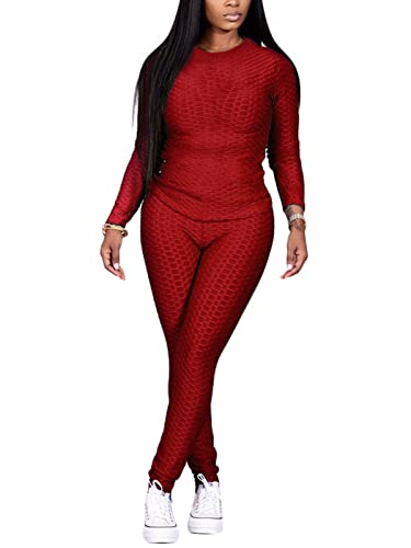 KANSOON Jogging Suits for Women 2 Piece Bodycon Sweatsuits Long Sleeve Pullover Top Jogger Pants Workout Set Wine Red XL