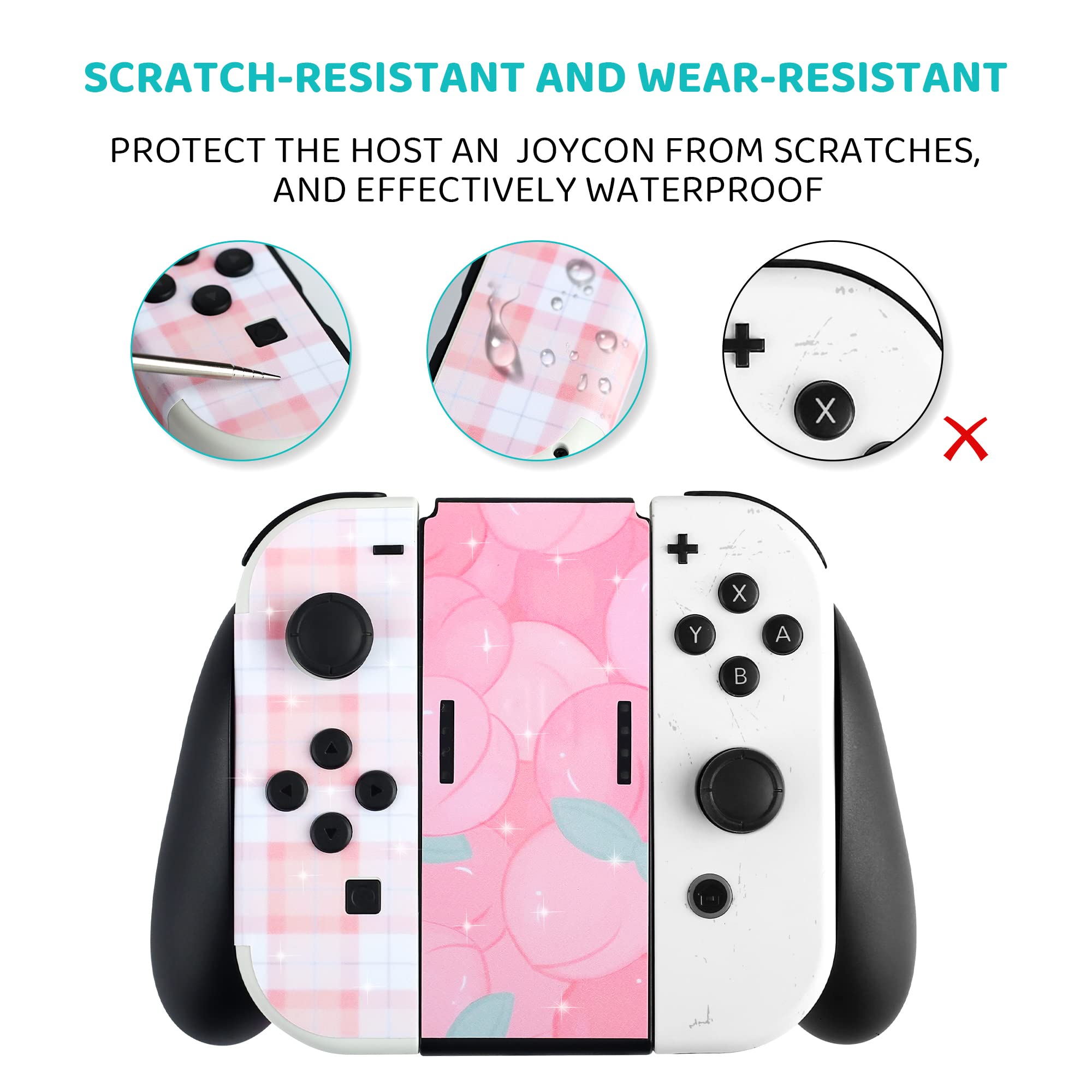 LASTYAL Cute Peach Skin Sticker Compatible with Nintendo Switch OLED Model, Pink Protector Decal Micro-Frosted Feel for Switch OLED Console and Joycon Controller - Peach & Plaid Pattern