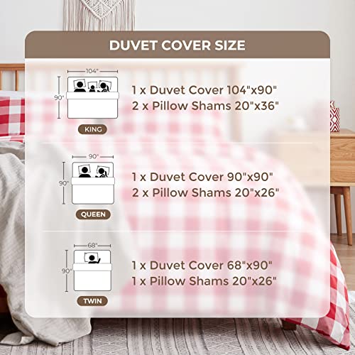 VEEYOO King Duvet Cover Cotton - 100% Washed Cotton Buffalo Plaid Duvet Cover Set with Zipper Closure, Extra Soft Breathable Comforter Cover (Red Buffalo Check)