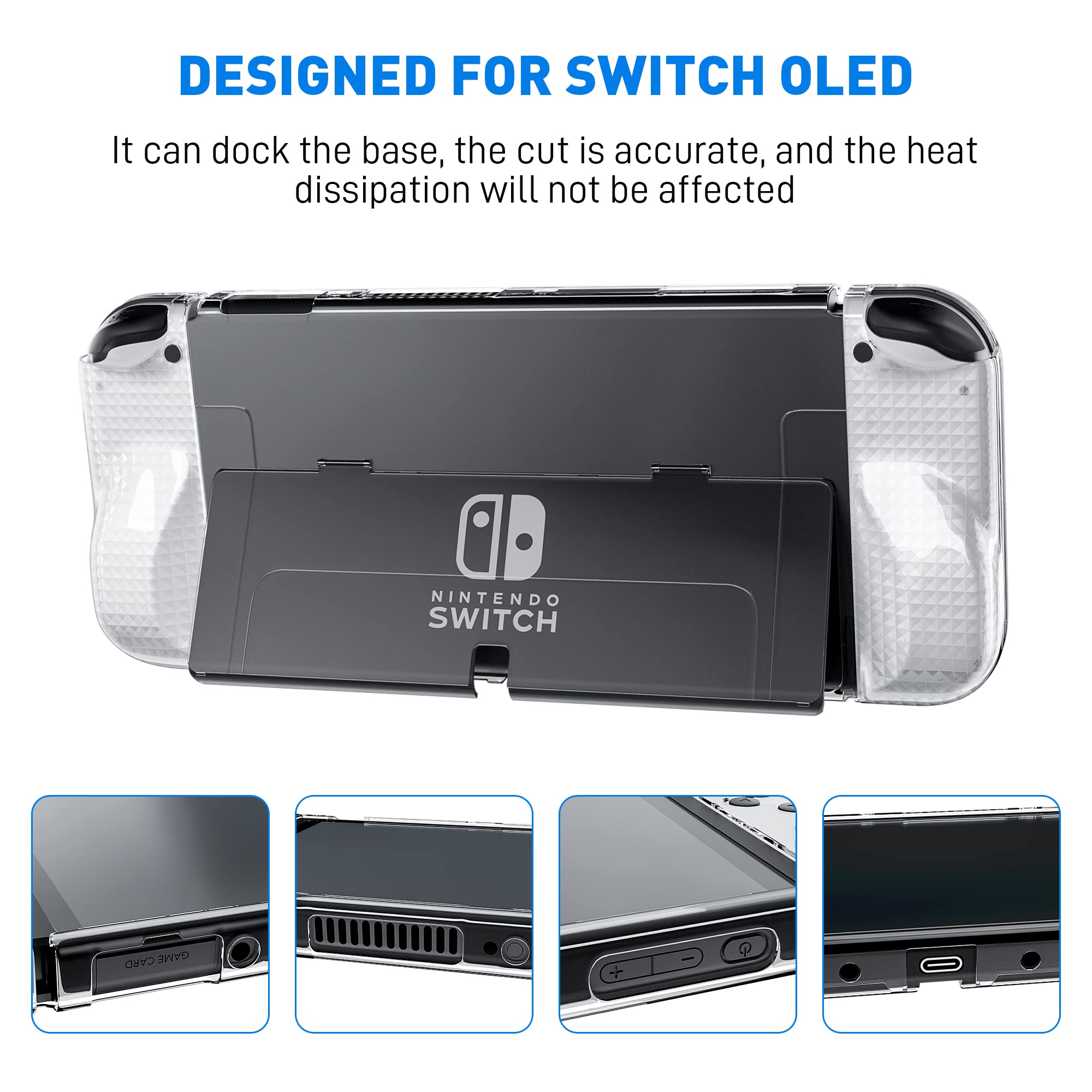 LASTYAL Flip Protective Clear Case Compatible with Nintendo Switch OLED, Hard PC Console Flip Shell and Grid Pattern Comfortable Grip Cover for Joycon Controller