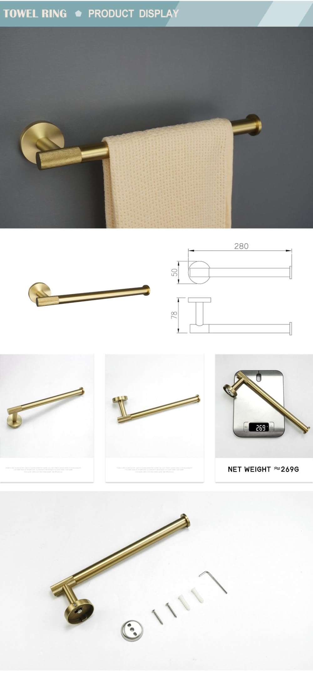 Golden Towel Rack Towel Bar Ring Brushed Gold Hardware Set Robe Coat Hook Toilet Tissue Paper Holder Bathroom Accessories Kit,2 PCS Robe Hook