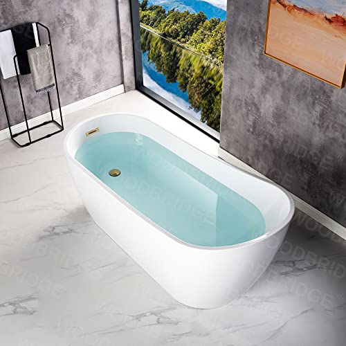 WOODBRIDGE 67"Freestanding White Acylic Soaking Bathtub with White Pillow,Drain and Overflow in Brushed Gold,BTA1508 -BG-Drain &O+ Pillow