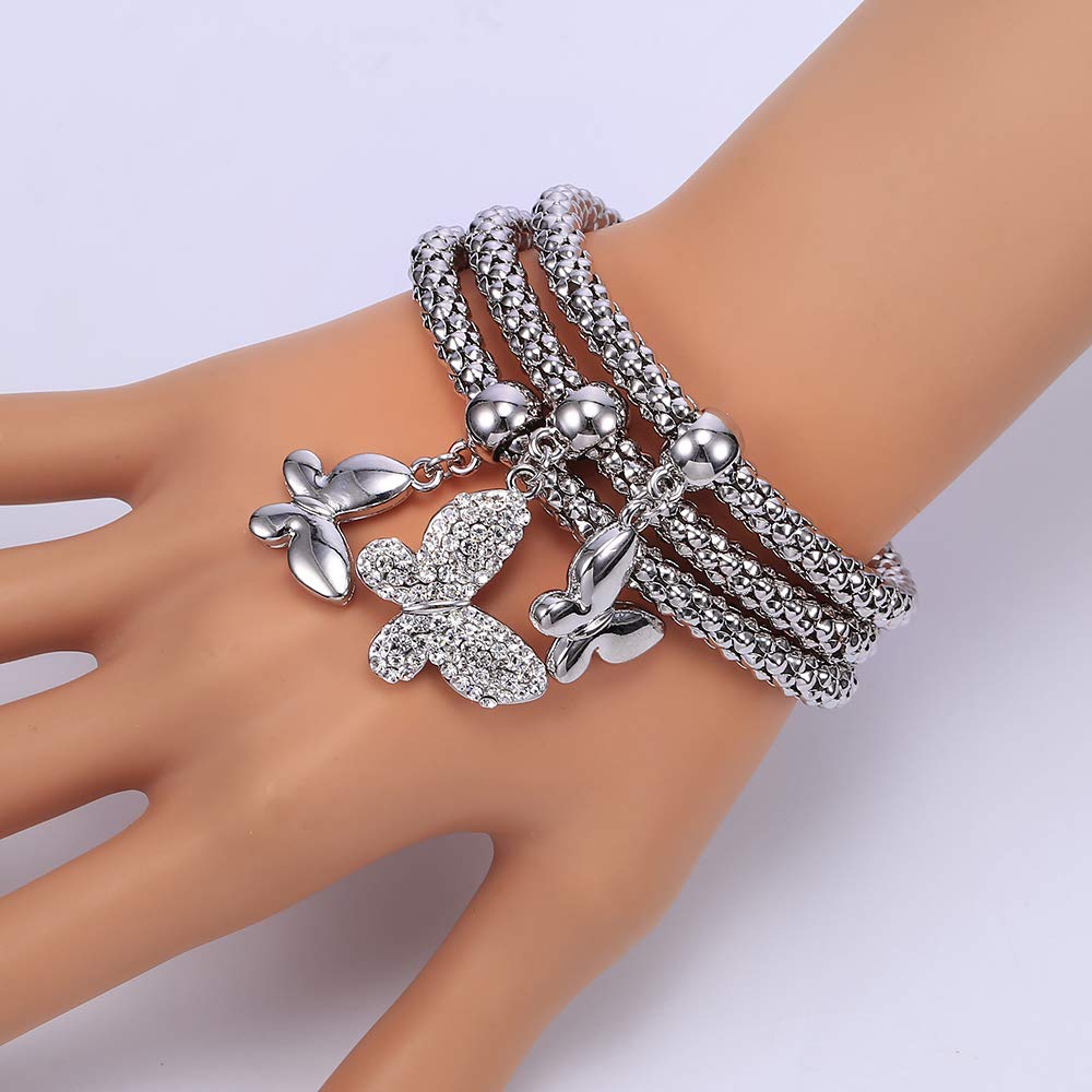 Koleso 3 Pcs/Set Crystal Butterfly Charm Bracelets & Bangles For Women Gold/Silvery Popcorn Chain Bracelets Adjustable Without Deformed - Silver