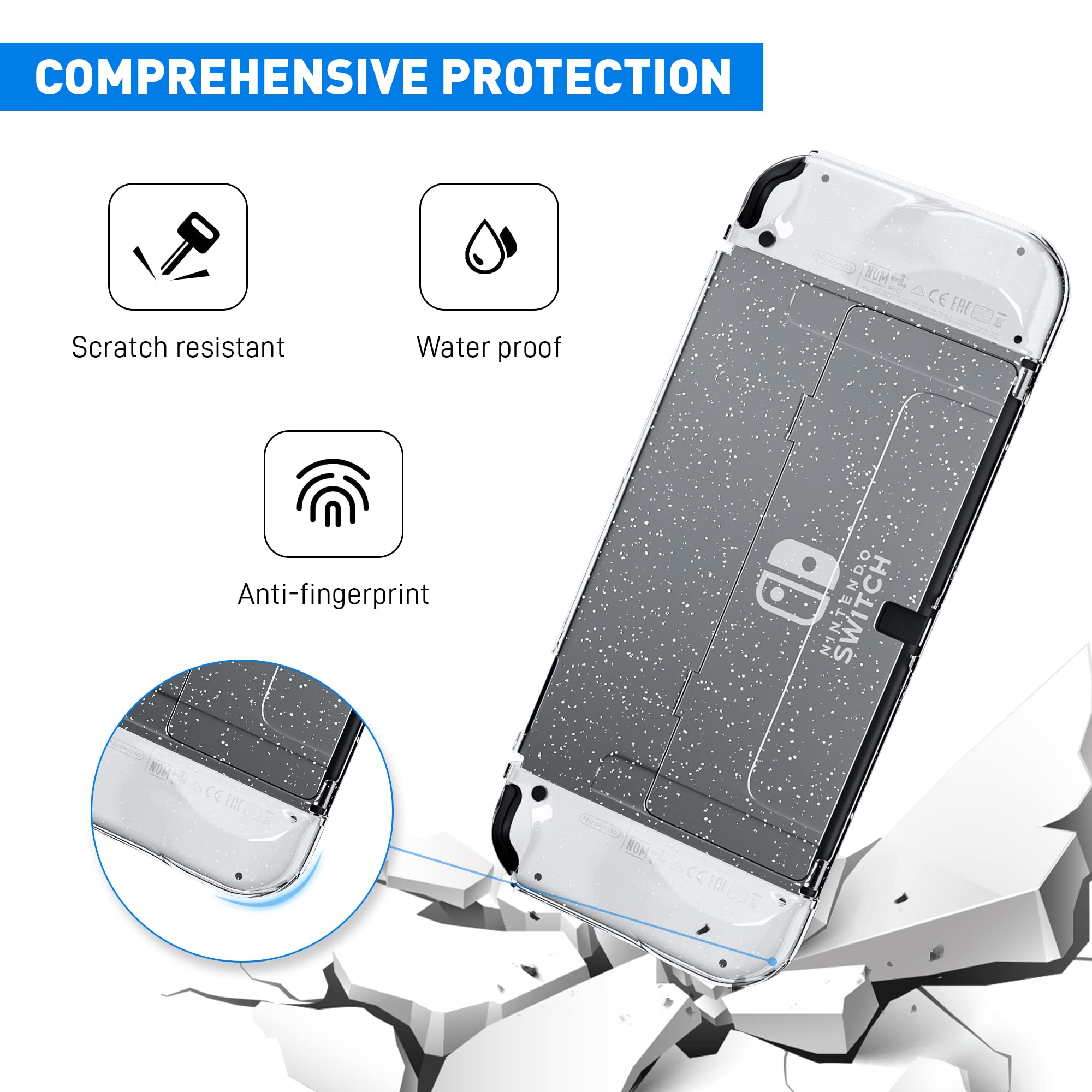 LASTYAL Glitter Flip Clear Case Compatible with Nintendo Switch OLED, Hard Console Protective Case and TPU Shell for Joycon Controller with Screen Protector and 12 Thumb Grip Caps