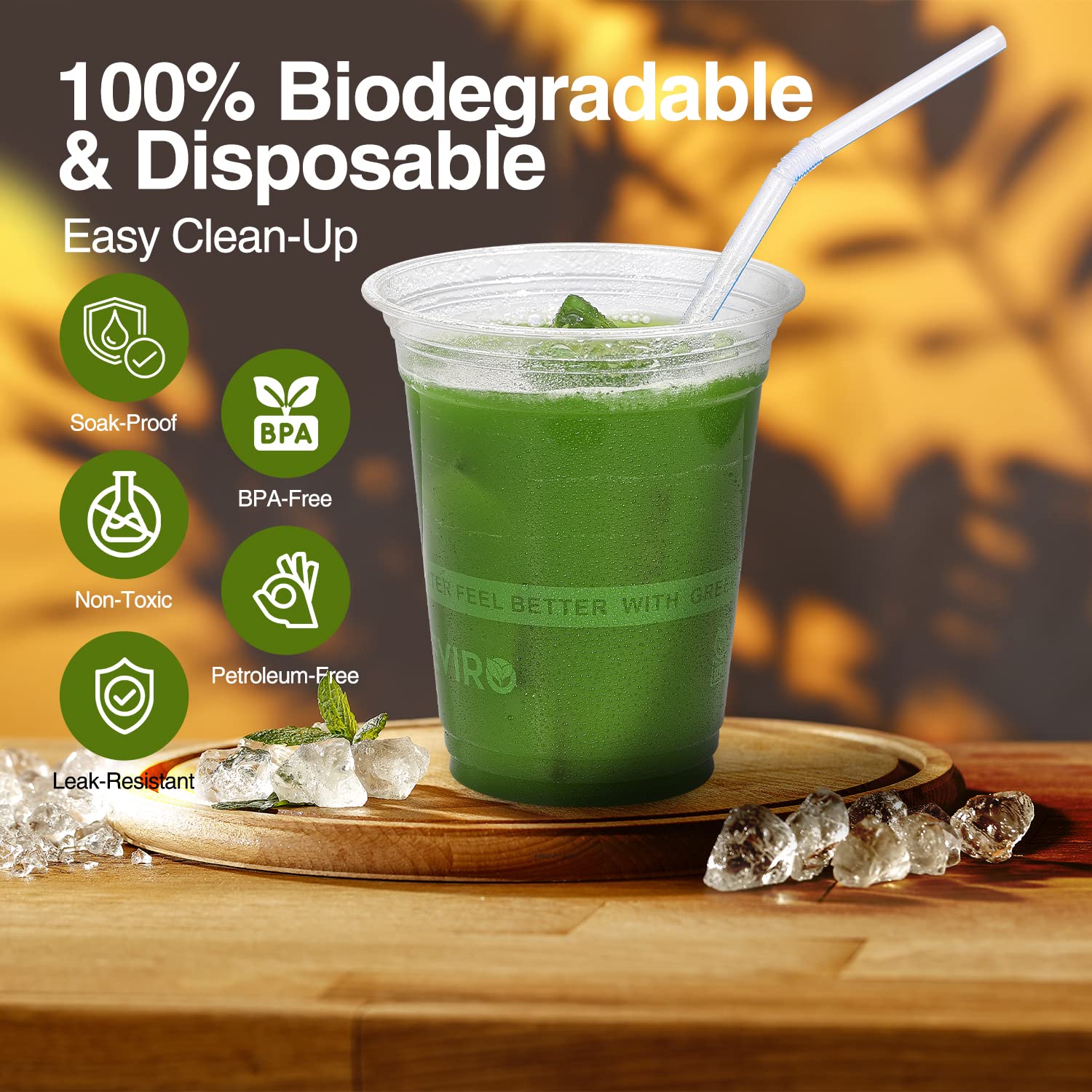 GREEVIRO Eco Compostable Plant-Based Clear Plastic Cups 12oz Thick, Reusable, Disposable Iced Coffee Cups for Smoothies, Beer & Any Beverages for Parties, Weddings & Gatherings