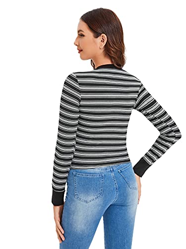 SheIn Women's Striped Mock Neck Shirt Top Long Sleeve Turtleneck Tee T-Shirts Black Stripe Medium