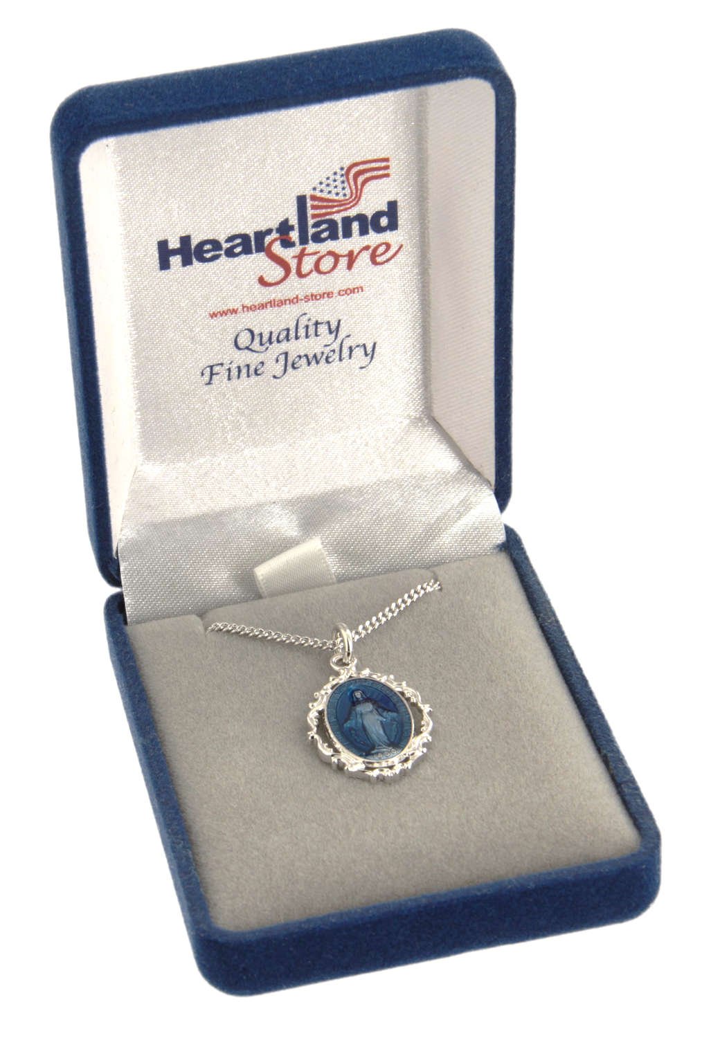 Heartland Store Women's Sterling Silver Oval Blue Enamel Baroque Miraculous Medal + 18 Inch Rhodium Plated Chain & Clasp