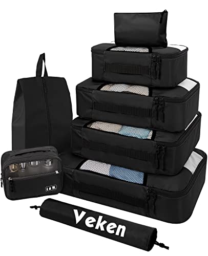 Veken 8 Set Packing Cubes for Suitcases, Travel Bag Organizers for Carry on, Luggage Organizer Bags Set for Travel Essentials Travel Accessories in 4 Sizes(Extra Large, Large, Medium, Small), Black