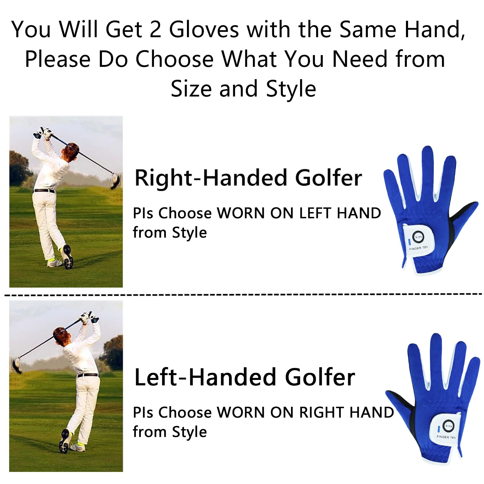 Golf Gloves Junior Kids Youth Toddler Boys Girls Left Hand Right Hand Dura Feel White Blue Red Yellow Golf Glove Extra Value 2 Pack Age 4-11 Years Old (Large(Age 7-8) Blue, Worn on Left Hand)