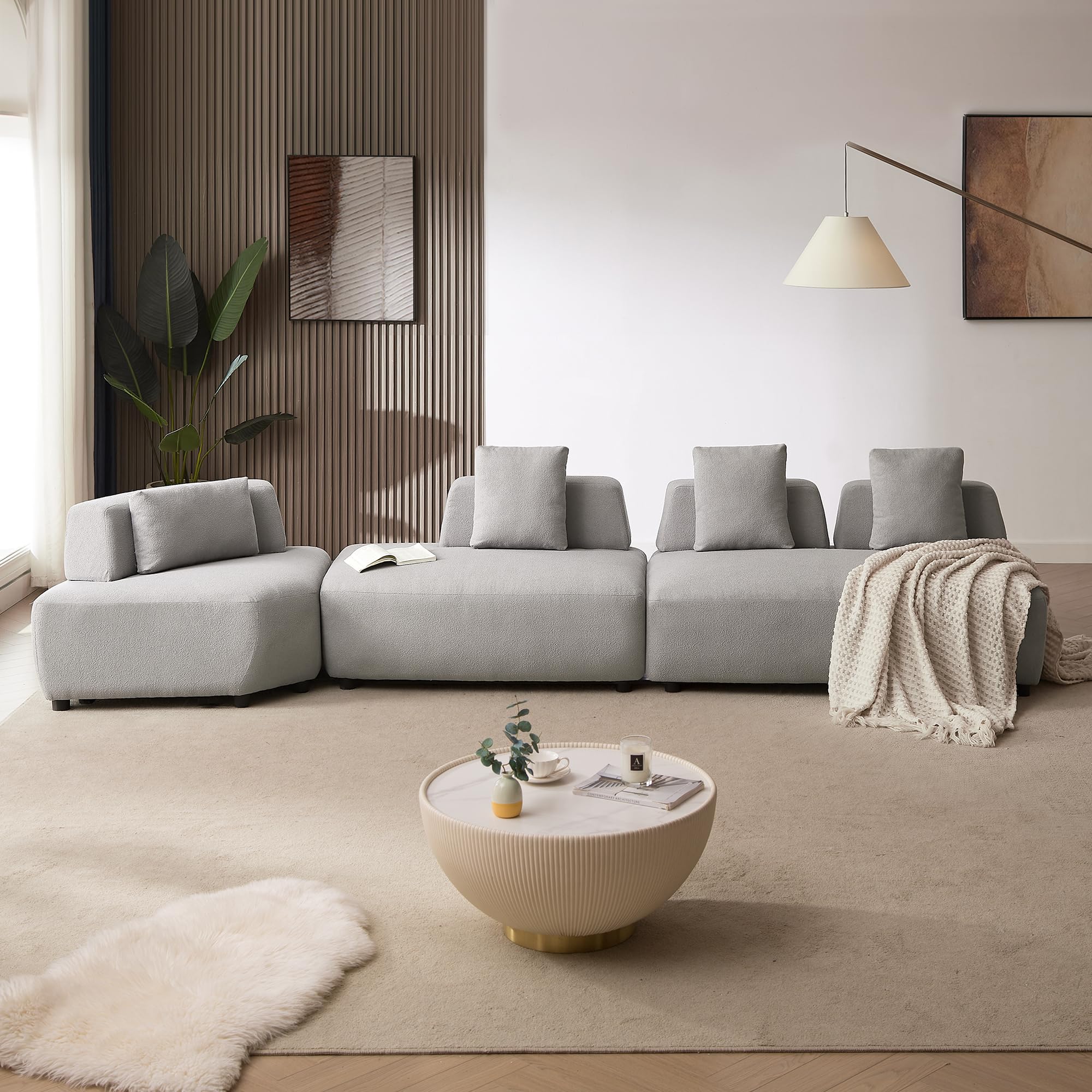 WILLIAMSPACE 92.5" Luxury Sectional Sofa for Living Room, Modern Upholstery Boucle Sofa Couch with 4 Pillows, Contemporary Sectional Curved Sofa Corner Couch for Apartment, Boucle Fabric (Grey)