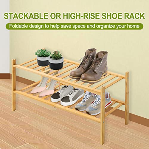 WANGMUXIA 2-Tier Bamboo Shoe Rack,Free Standing Shoe Racks Stackable Shoe Rack,Entryway,Hallway, Bathroom and Living Room,Multifunctional Bamboo Rack in Different Combinations (2-Tier)