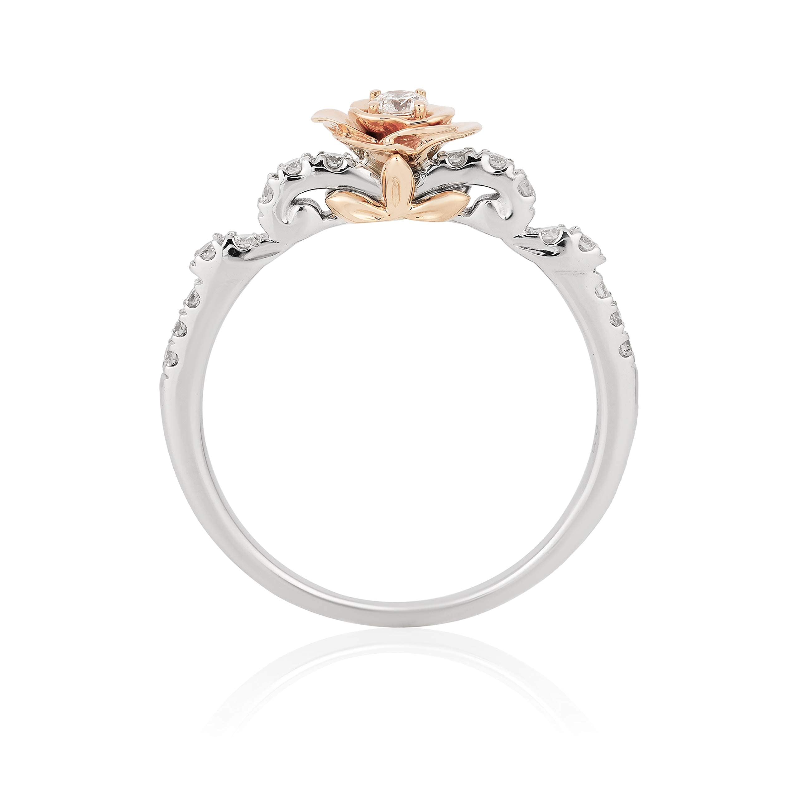 Jewelili Enchanted Disney Fine Jewelry Sterling Silver and 10K Rose Gold With 1/4Cttw Diamond Belle Rose Ring