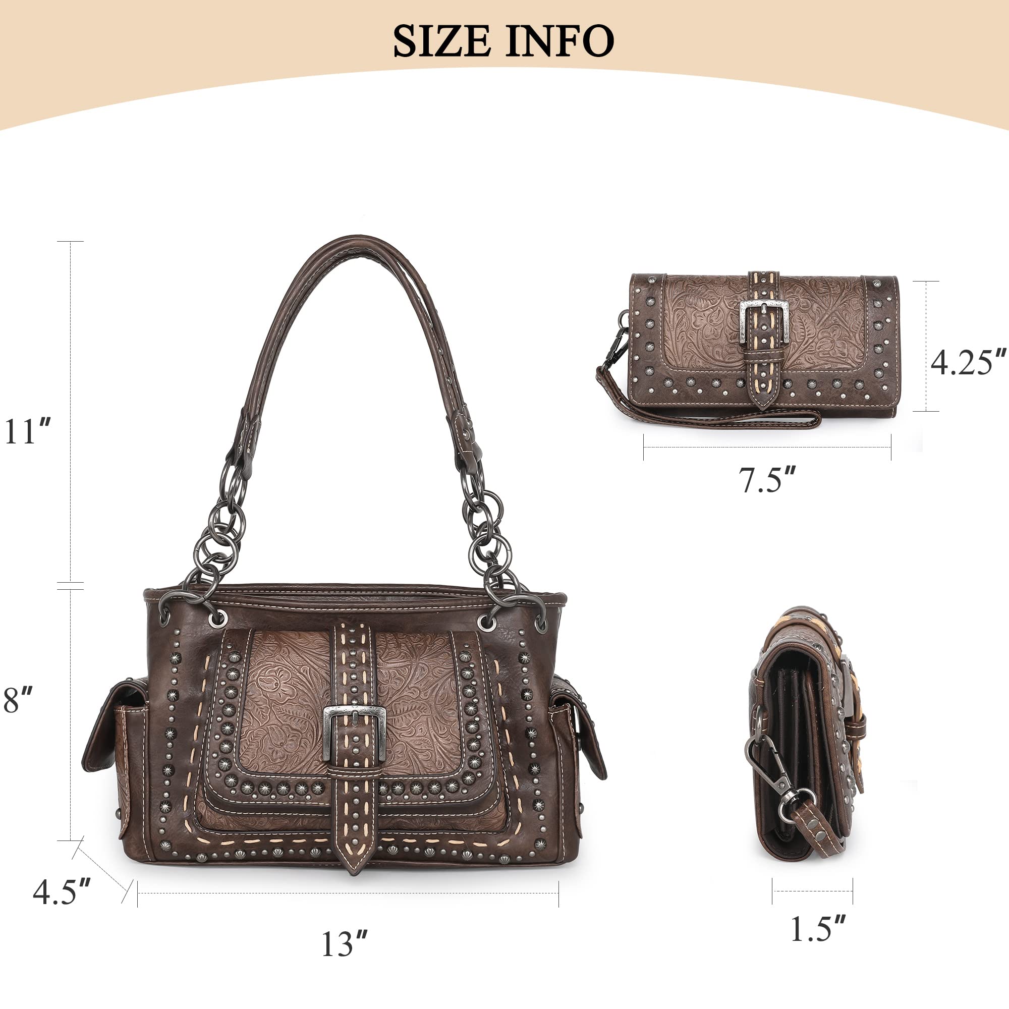 Montana West Western Embossed Collection Tote Bag Vegan Leather Antique buckle silver studs Satchel Handbag with Wallet MBB-MW1117G-8085CF+W