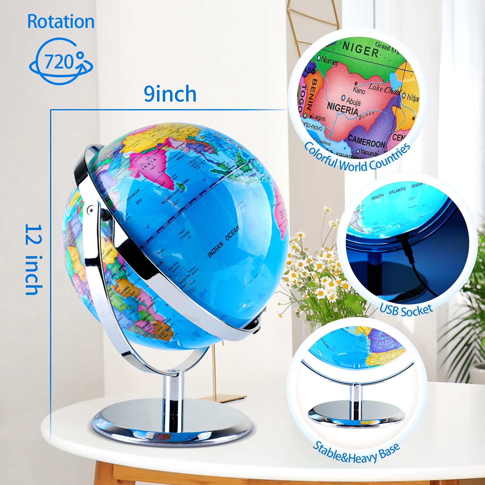 Interactive Globe for Kids Learning 9 Inchs Illuminated Night Light Built-in LED Decor 720° Rotation Educational Globes of The World with Stand Augmented Reality Toy for Cafe Home & Office Decoration…