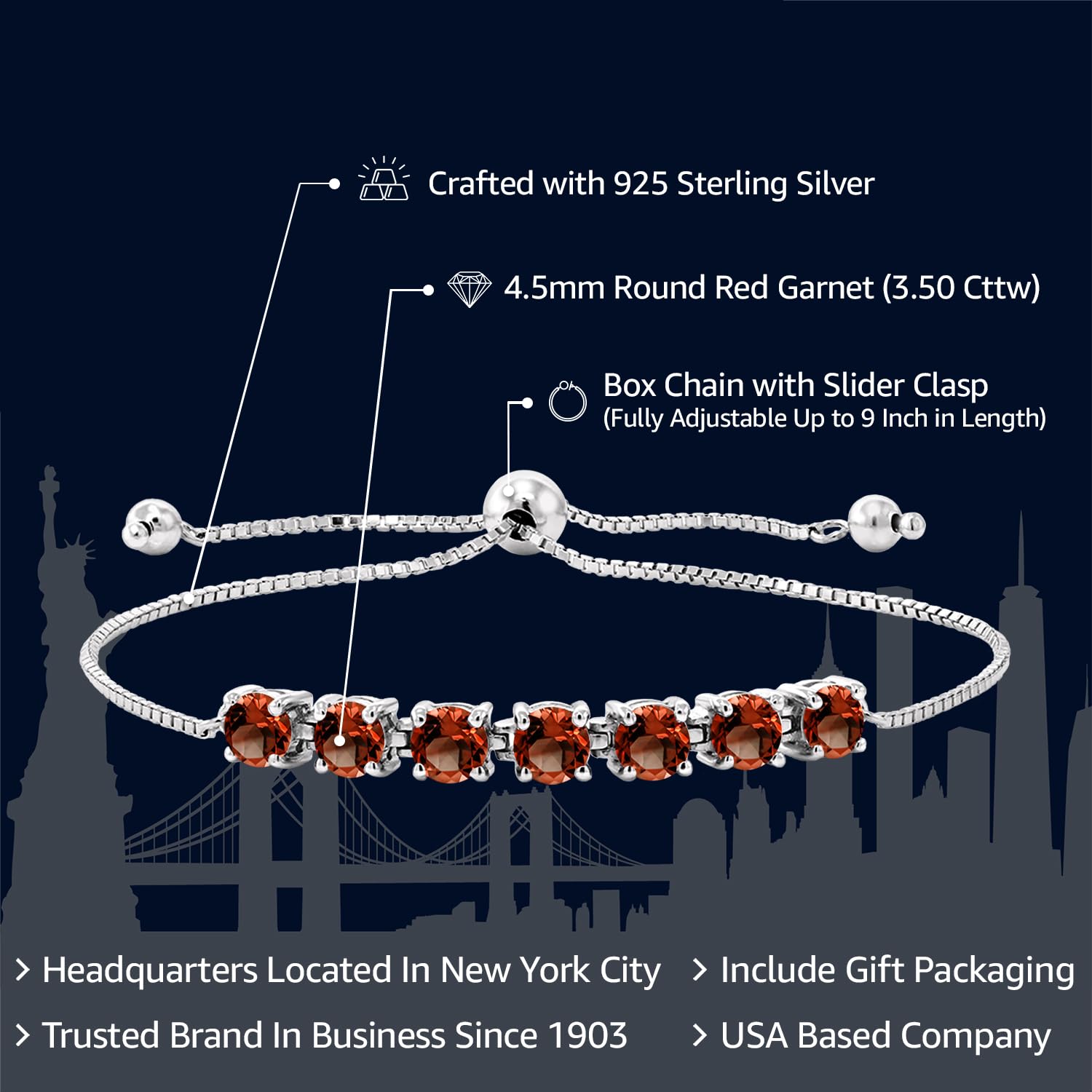 Gem Stone King 7-Stone Tennis Bracelet For Women In 925 Sterling Silver | 4.5MM Round Gemstone Birthstone | Fully Adjustable Up to 9 Inch