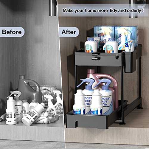 SODPE Bathroom Cabinet Organizer, 2 Tier Under Sink Organizer, Sliding Kitchen Basket Organizer Drawer, Multi-purpose Storage Shelf for Kitchen Countertop and Cabinet with Hooks, Hanging Cup, Divider