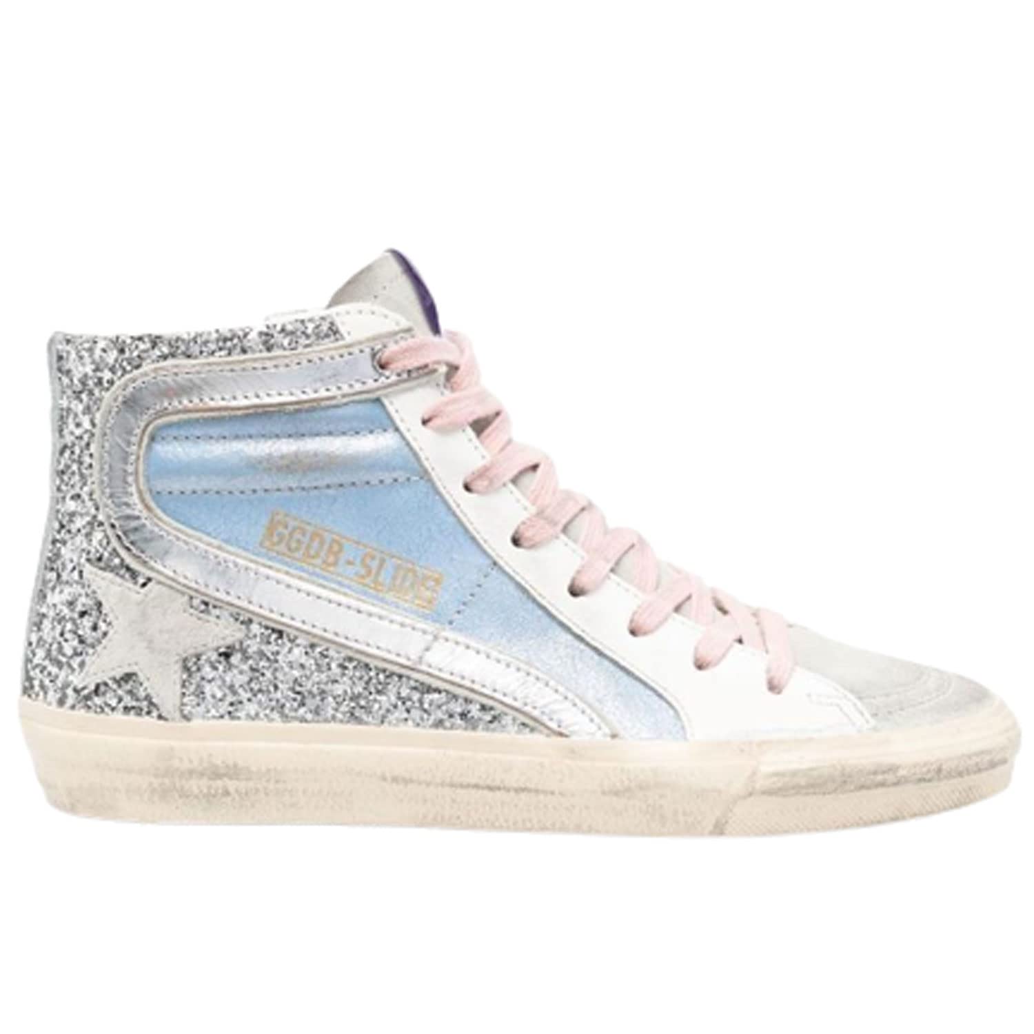 Golden Goose Slide Crack and Glitter Upper Suede Toe and Star Laminated List and Wave Womens Distressed Sneaker - 38 Multicolor