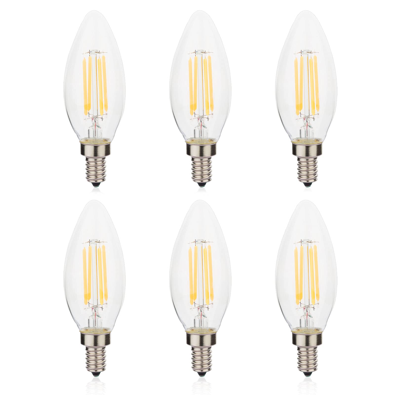 haraqi 6 Pack 4W 120V B11 LED E12 Base Filament Candle Light Bulb, 40W Equivalent Decorative Chandelier Light Bulbs for Chandeliers, Ceiling Fan Lights, Pendants, Fireplace