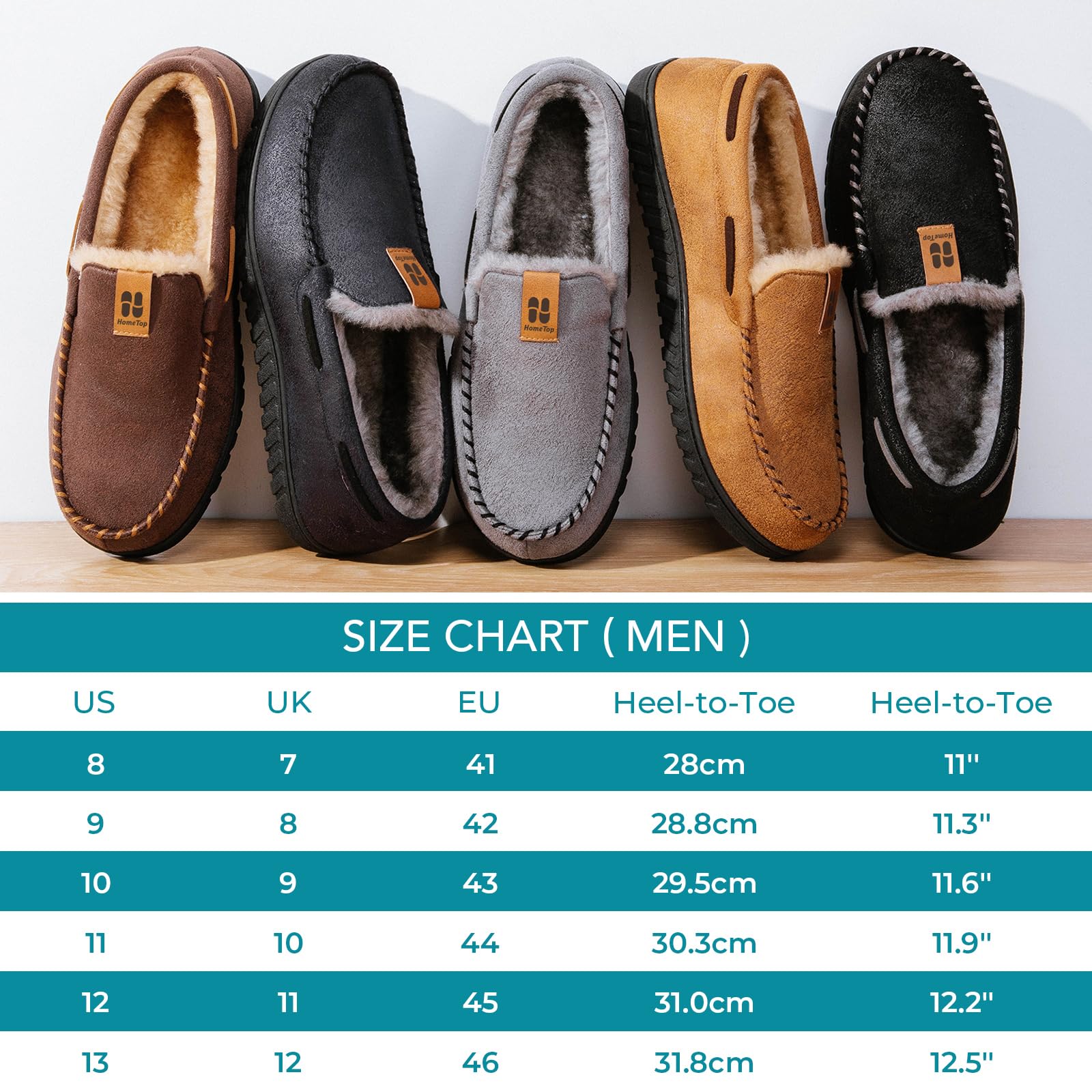 HomeTop Men's Faux Suede Memory Foam Moccasin Slippers Soft Plush Warm Lining House Shoes with Anti-Skid Rubber Sole (10, Black)