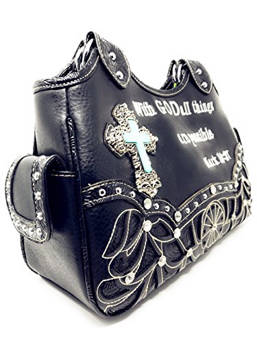 Western Style Embroidery Scripture Women Rhinestone Cross Bible Cover Book Case Crossbody Handbag Wallet in 5 Colors (Black Set)