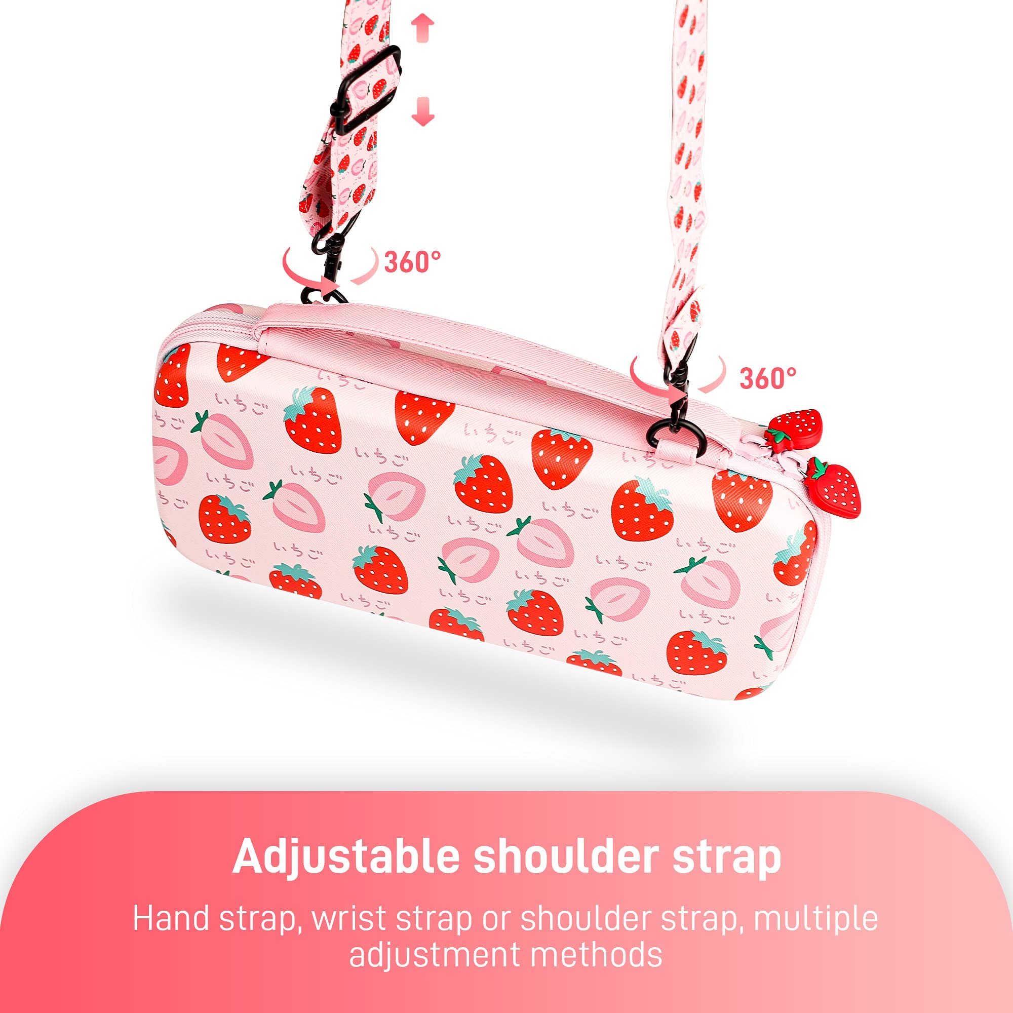 Hard Pink Carry Case Set Compatible with Nintendo Switch, Strawberry Pattern Accessories for Switch with Protective Shell, Screen Protector, Thumb Grip Caps, Adjustable Strap